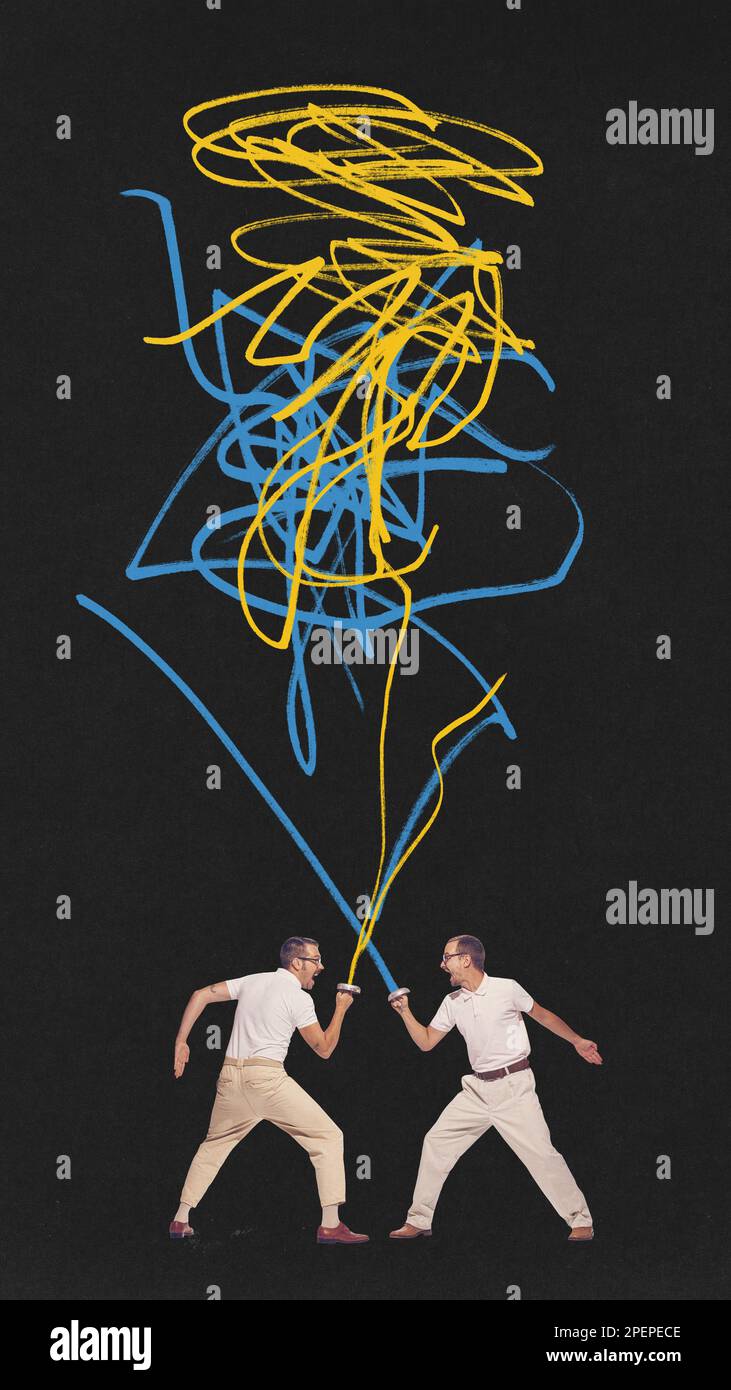 Contemporary art collage. Emotional flow. Two men in retro clothes ...