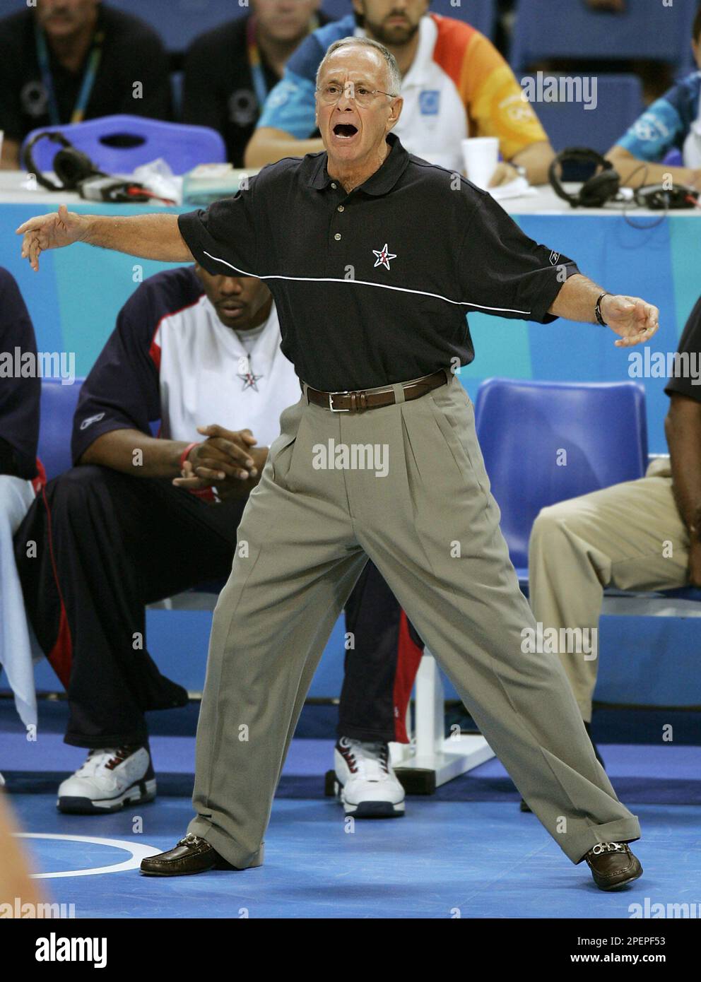 USA's head coach Larry Brown reacts to action on the court between his ...
