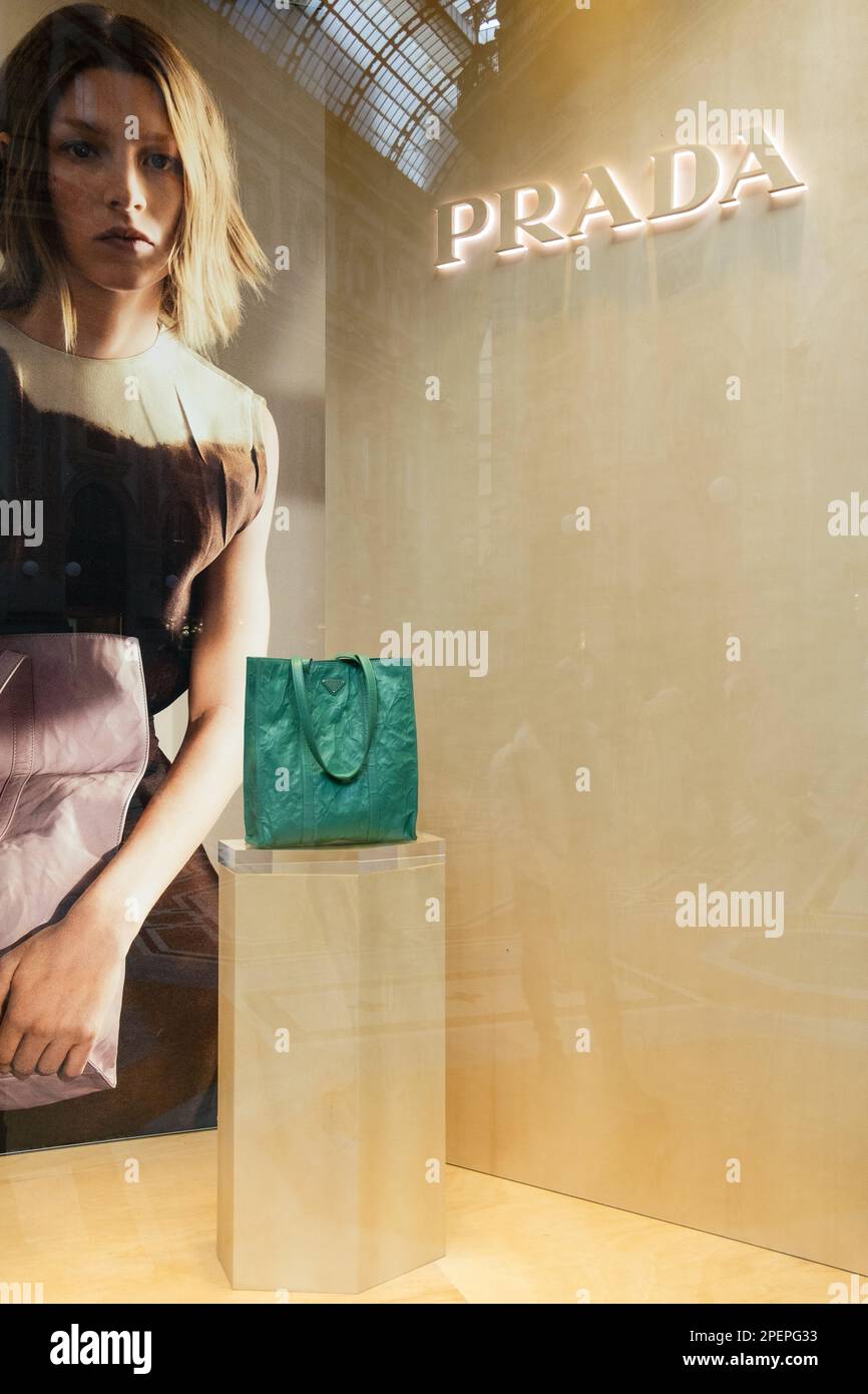 Prada flagship store window in Milano, Italy. Galleria Vittorio ...