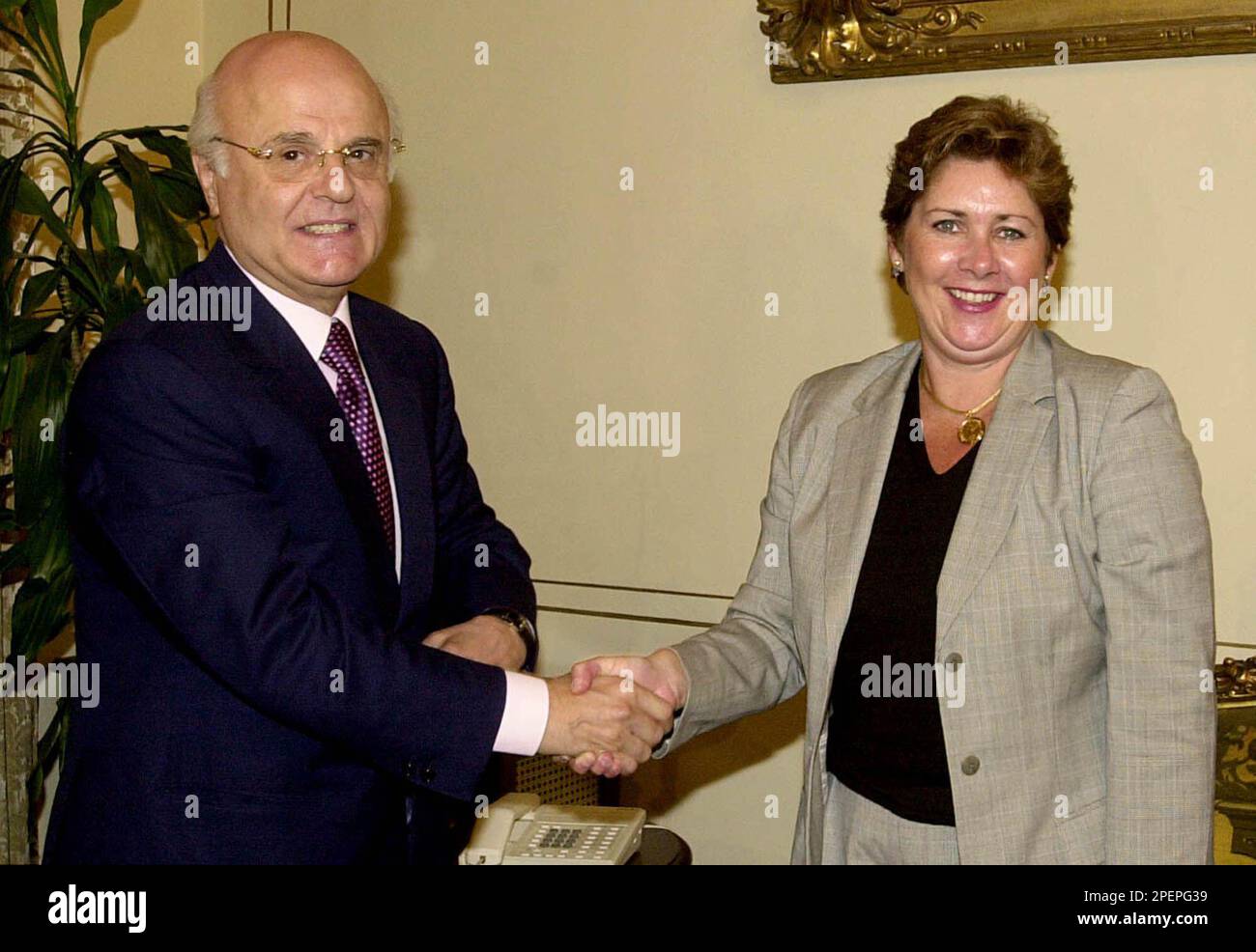 Lebanese Foreign Minister Jean Obeid, left, shakes hands with Elizabeth ...