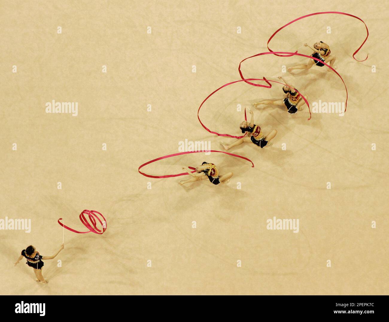 China's team perform with ribbons during a training session of the ...