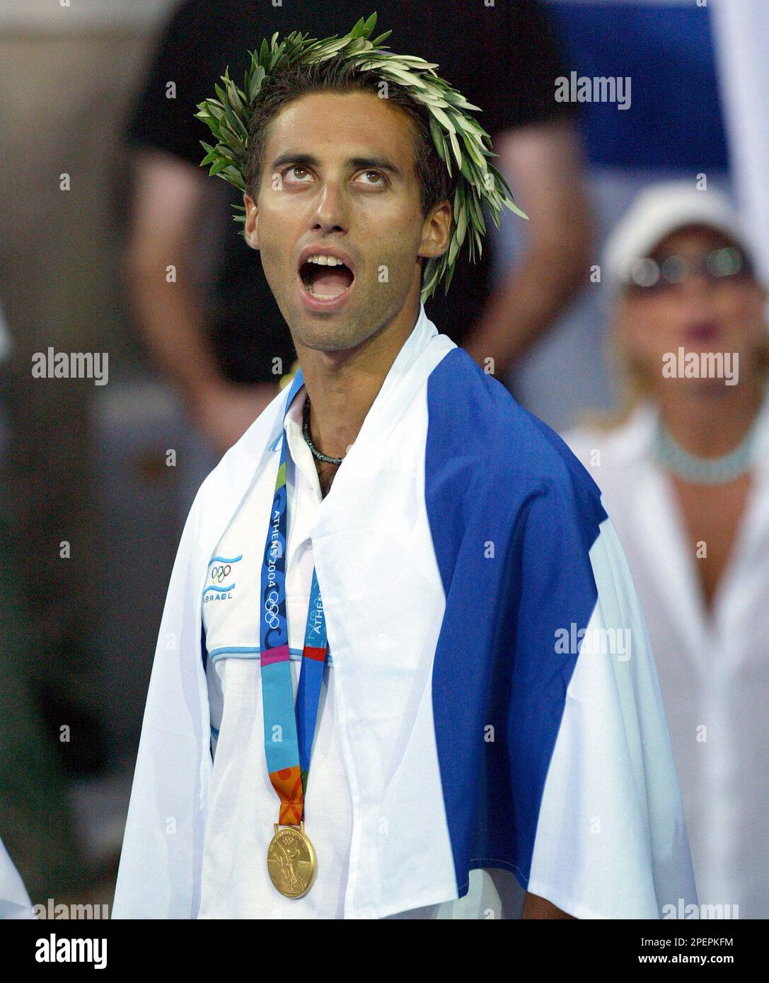 Israel's Gal Fridman sings Israel's national anthem after he received ...