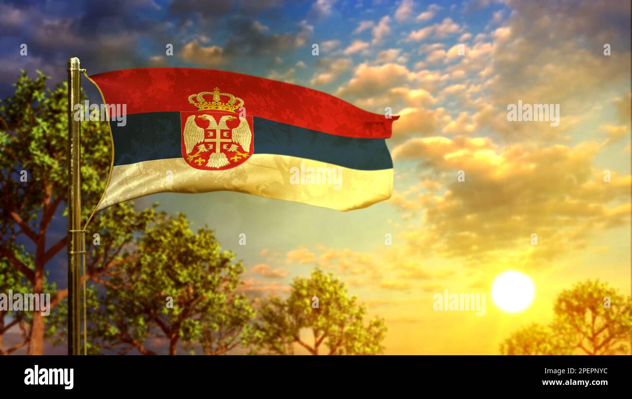 waving flag of Serbia at sundown for state holiday - abstract 3D ...