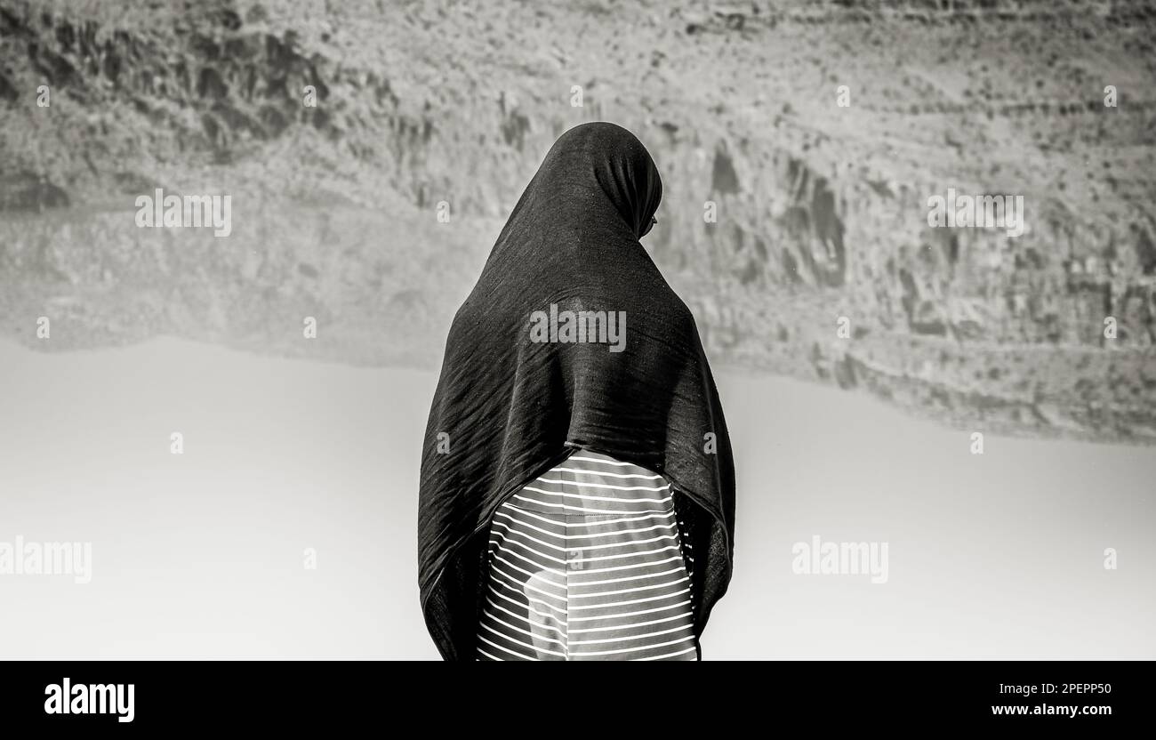 Back View Isolated Mock Up Muslim Woman Wear Hijab Stand Alone Isolated By Lake Alone Pose Stock