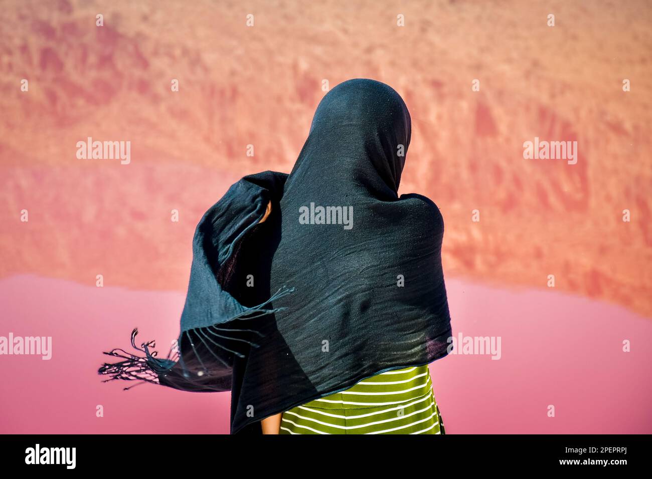 Close up back view caucasian woman tourist stand by Maharlu pink salt ...