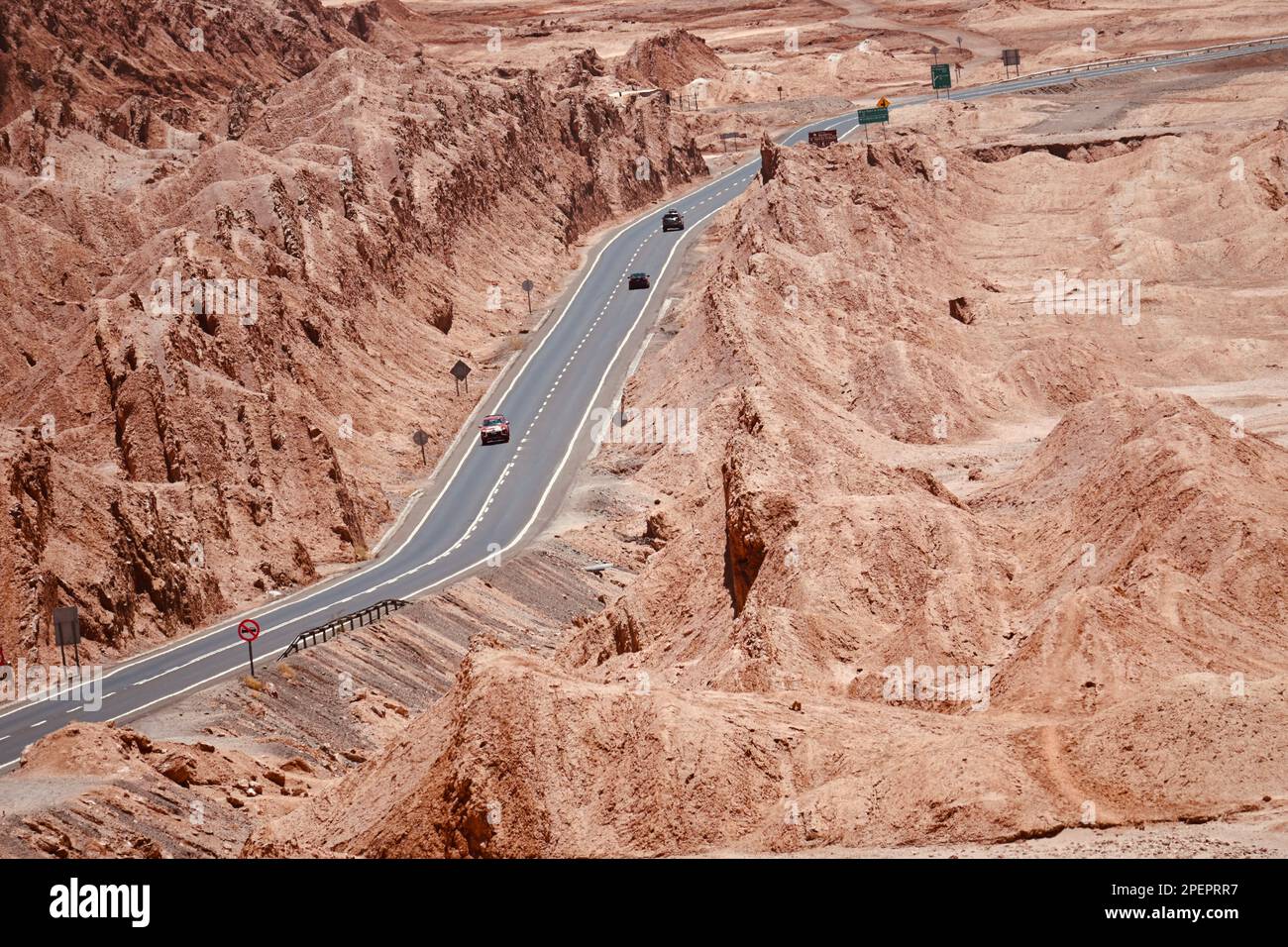A highway road in San Pedro de Atacama town in the Andes mountains of ...