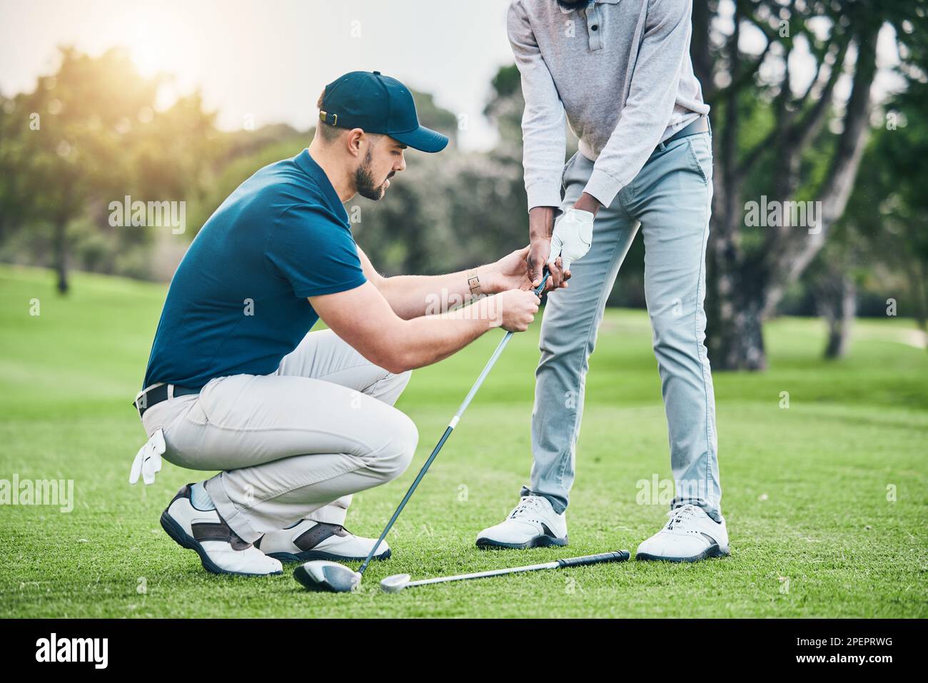 Golf lesson, teaching and sports coach help man with swing, putt and ...