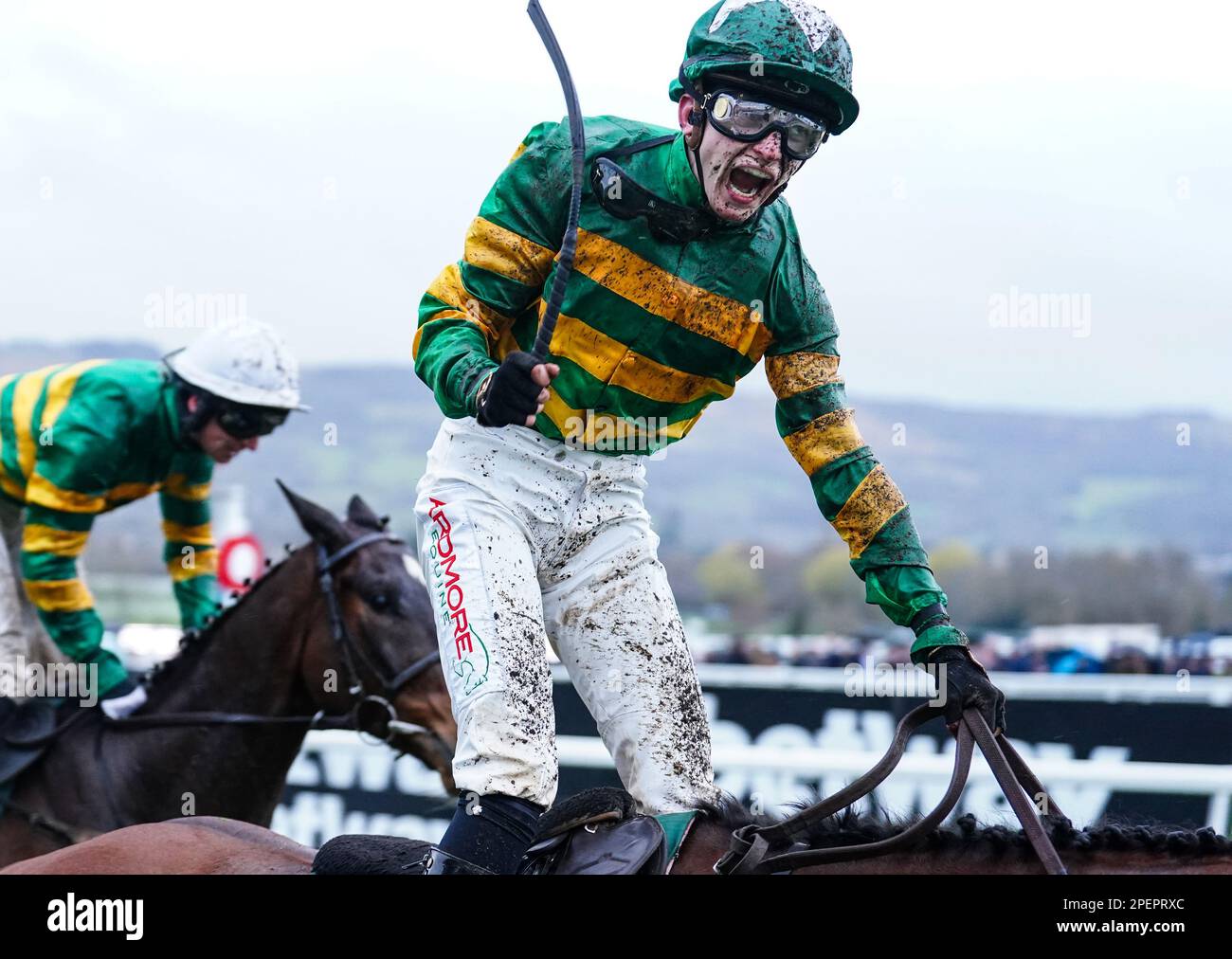 Jockey John Gleeson celebrates winning the Weatherbys Champion Bumper ...