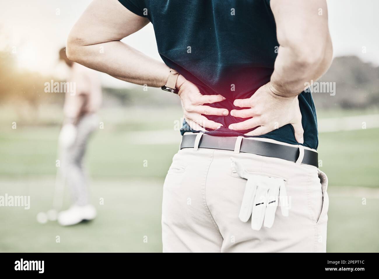 Sports, injury and man on golf course with back pain during game ...