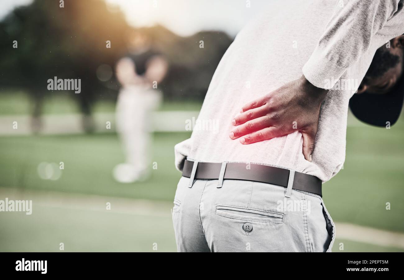 Sports, muscle and golf, black man with back pain during game on course ...
