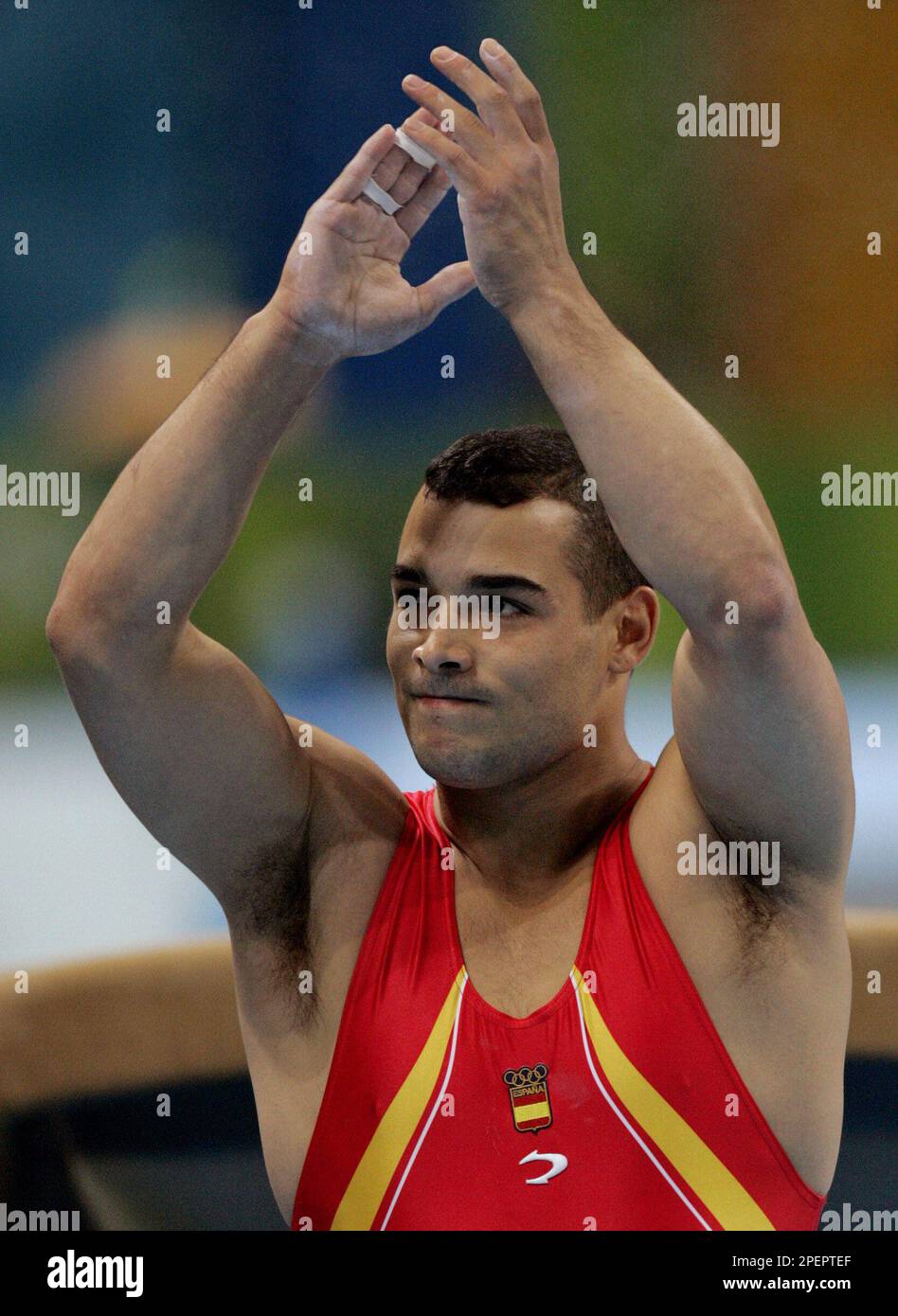 Spain's Gervasio Deferr reacts after finishing a vault during the men's ...