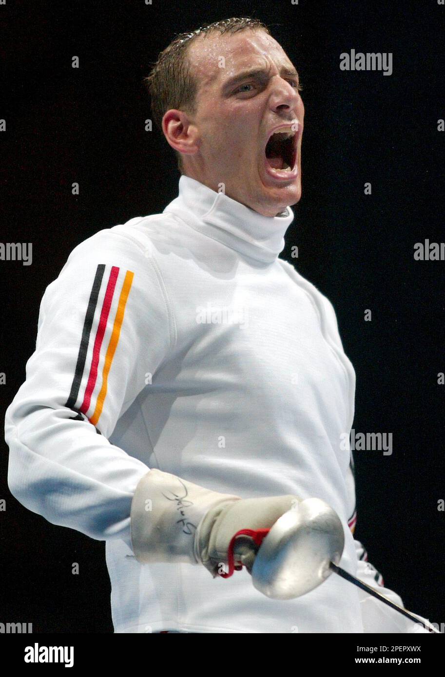 Germany's fencer Daniel Strigel celebrates during the bronze medal bout ...