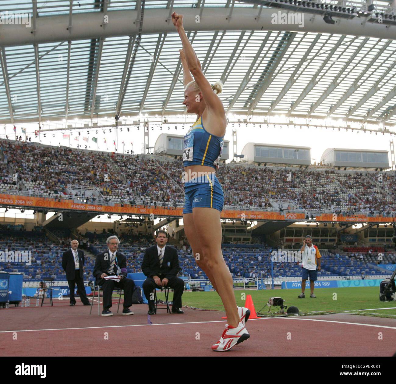 Sweden's Carolina Kluft reacts after her javelin throw, during the ...