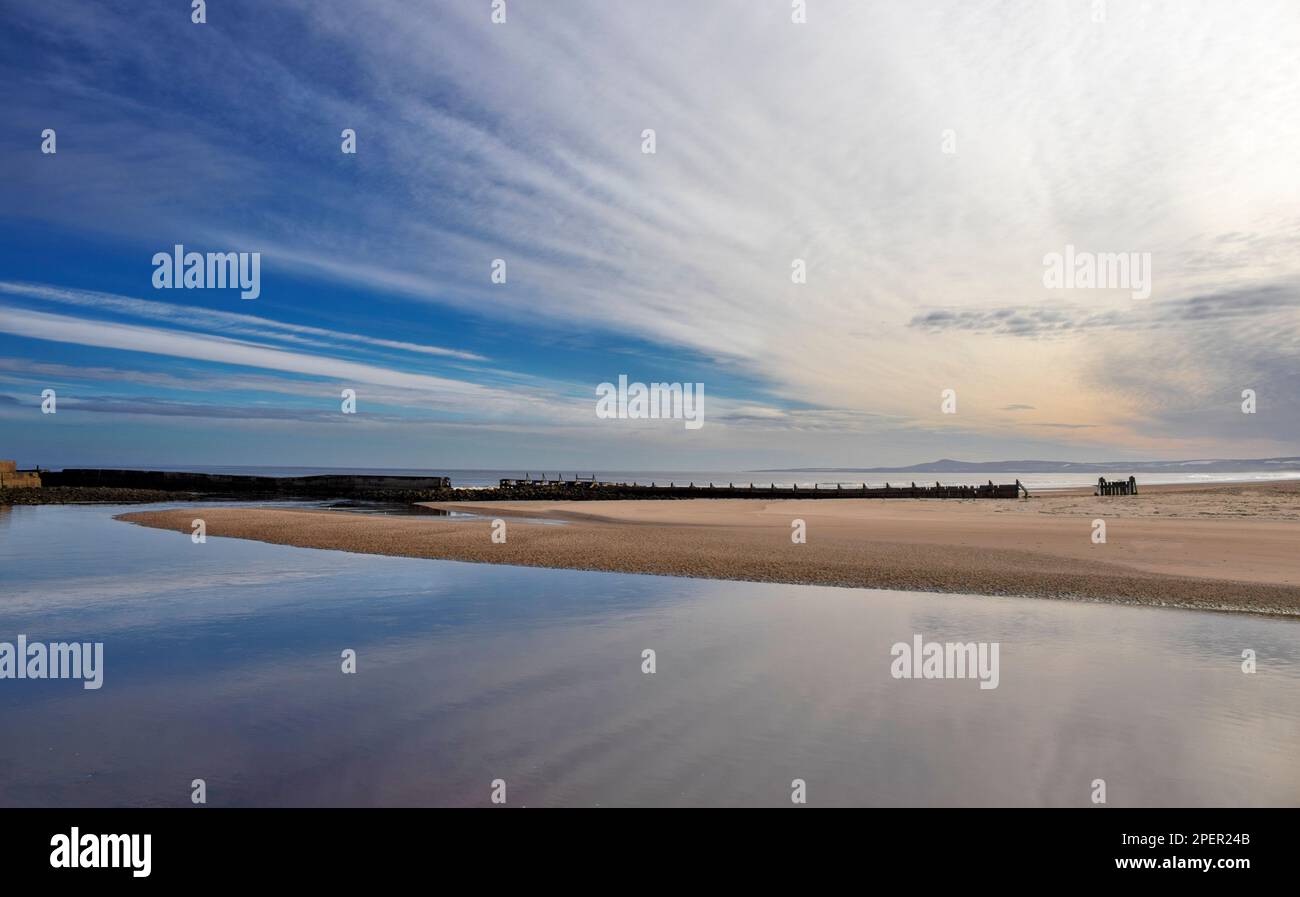 Lossiemouth Moray Coast Scotland blue sky over the East Beach sands and ...