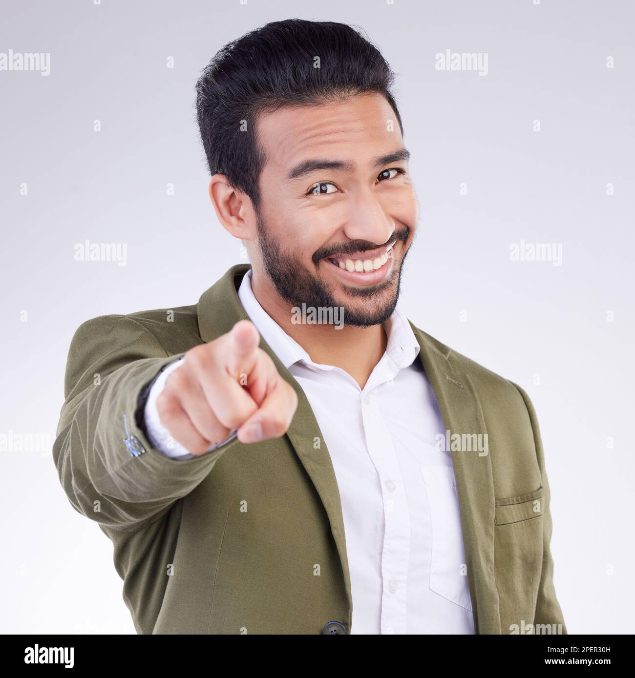 Portrait, success and Asian man pointing to you, happiness and cheerful ...