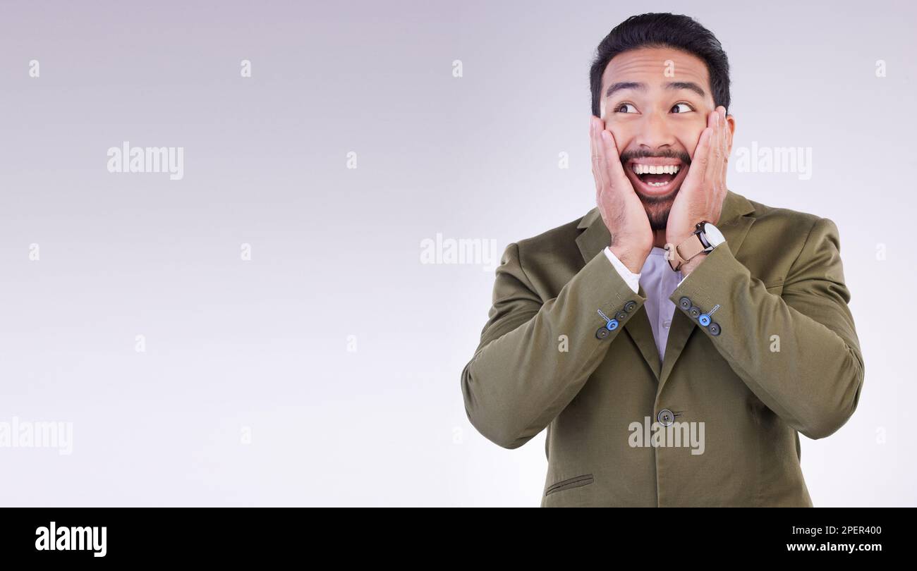 Surprise, shock and businessman in a studio with mockup with wow, omg ...