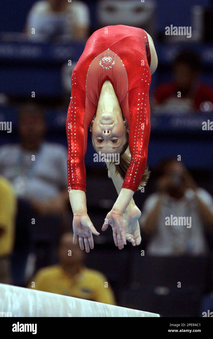 Carly Patterson of the United States competes in the balance beam ...