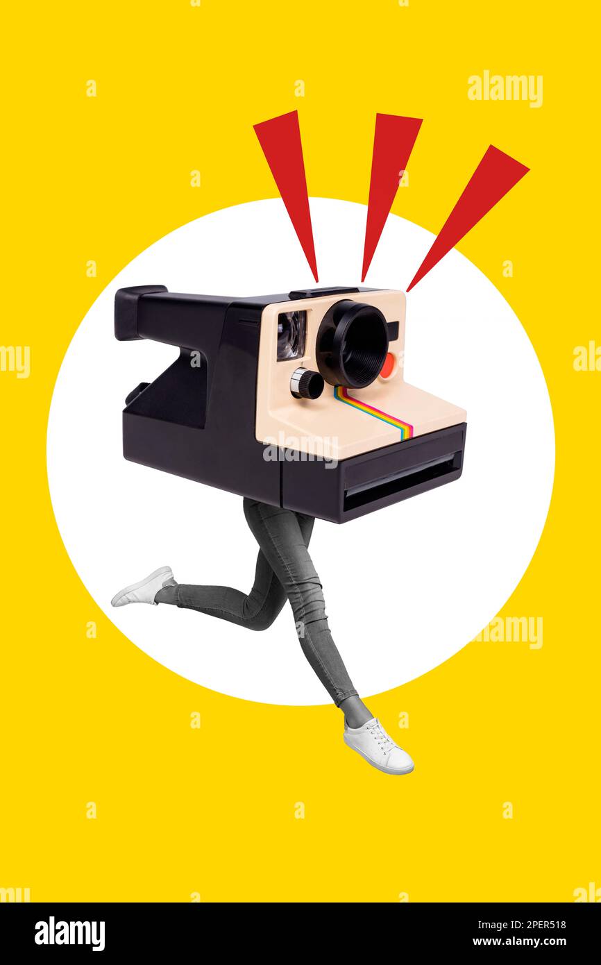 Magazine vintage collage of weird person with instant photo camera body ...