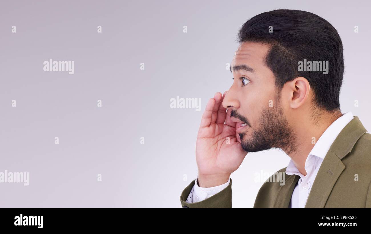 Mockup, secret and Asian man with gossip, whisper and talking against a ...