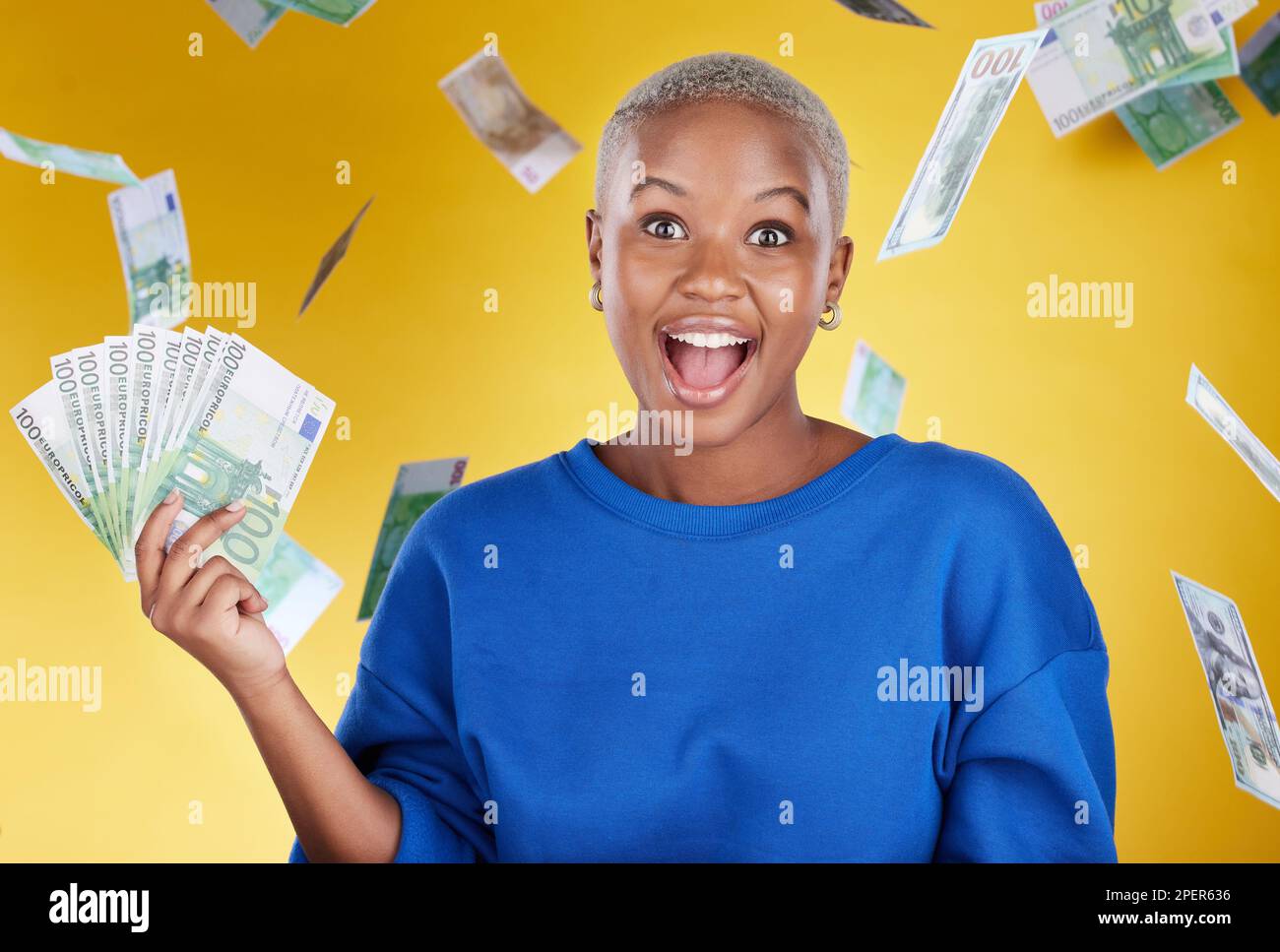 Winner, portrait and excited black woman with euros in studio isolated ...
