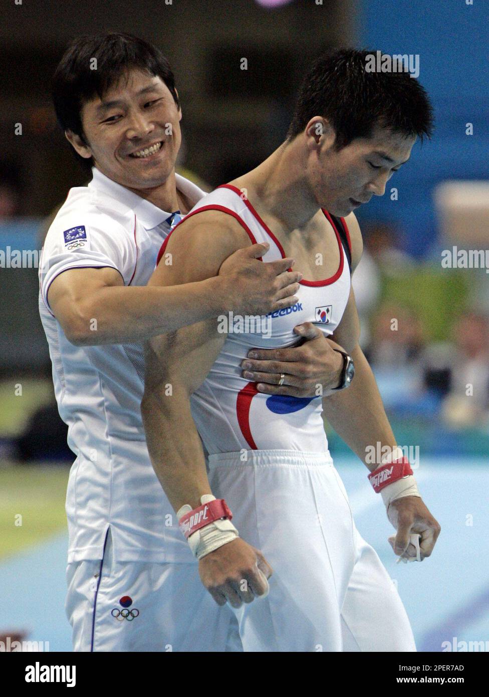 Yang Tae Young of Korea reacts after finishing his routine in the high ...