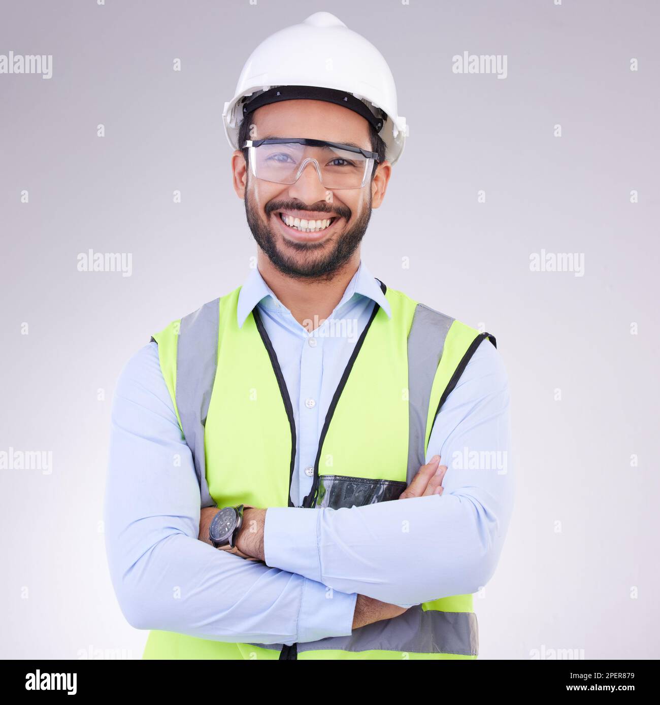 Construction worker in portrait, man with crossed arms and smile ...