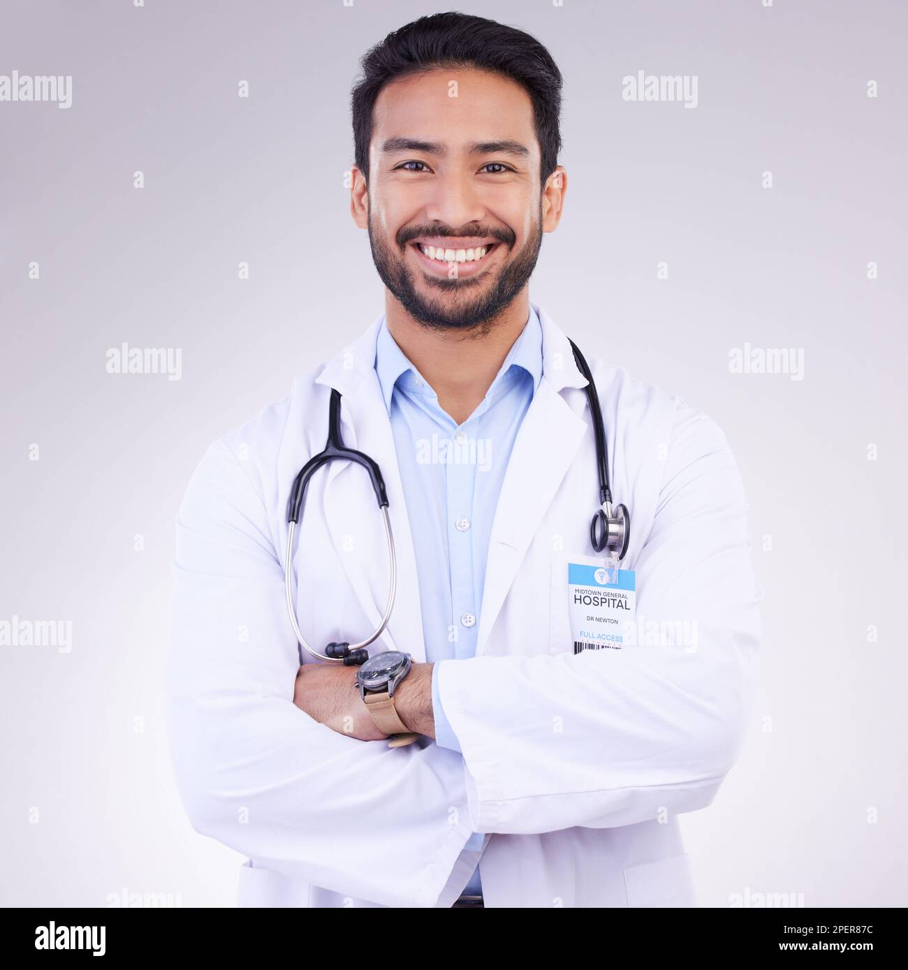 Doctor, man with arms crossed and happy in portrait, health and medical ...