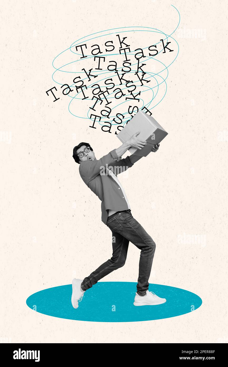 Magazine banner poster collage of workaholic young guy carry many tasks ...