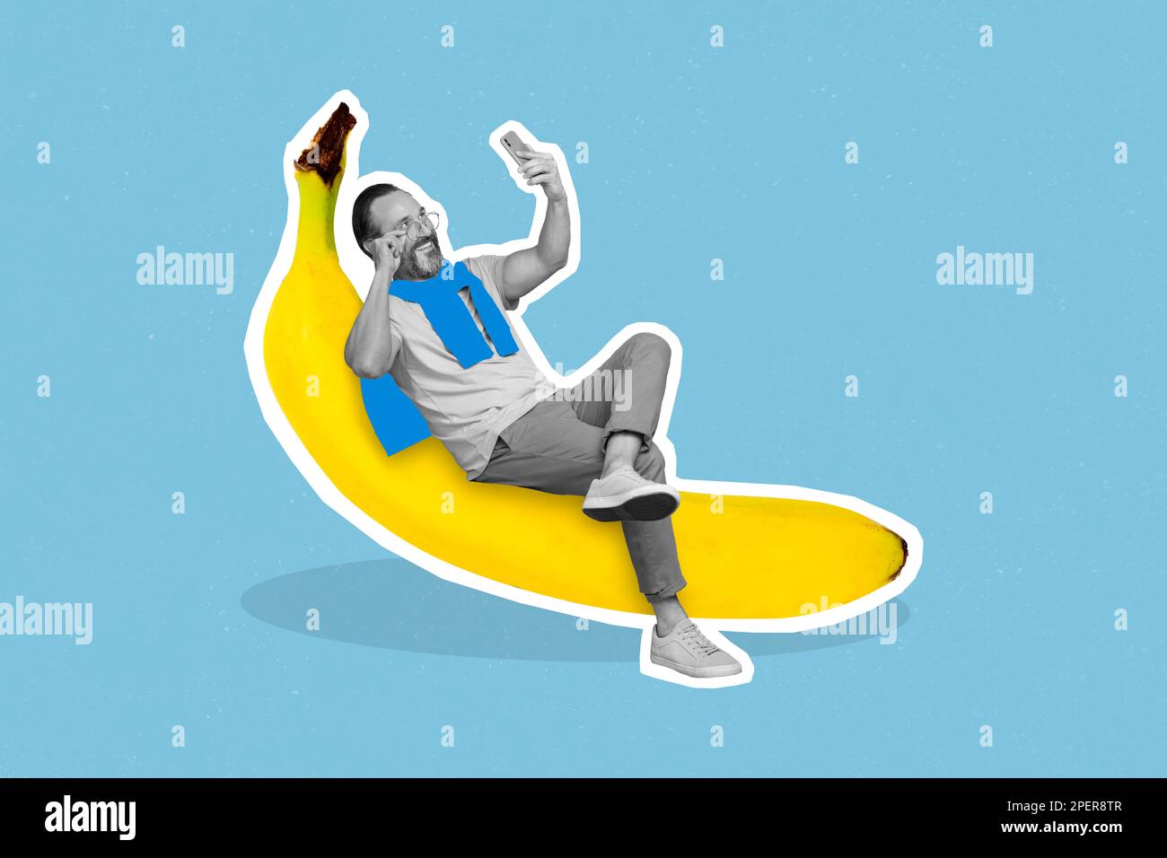 Poster banner magazine collage of tourist aged man sit decorative chair ...