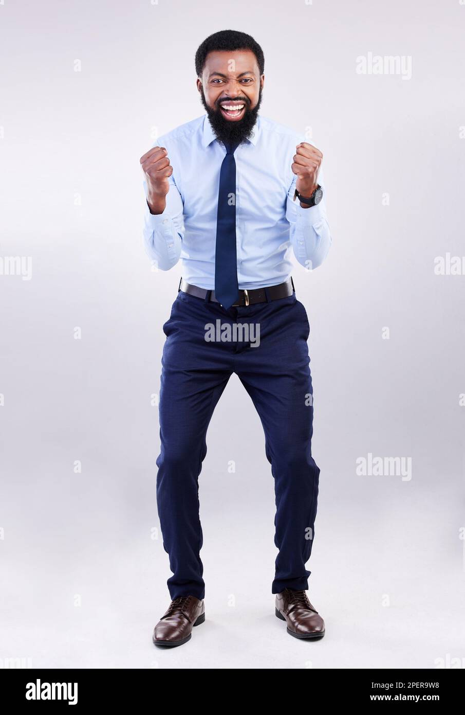 Portrait, excited and black man cheering, success and happiness against ...