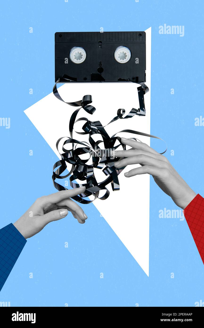 Creative magazine electronics collage of person try solving tangle ...