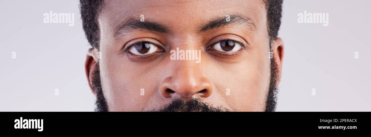 Black man, eyes and face portrait in studio for vision, focus and ...