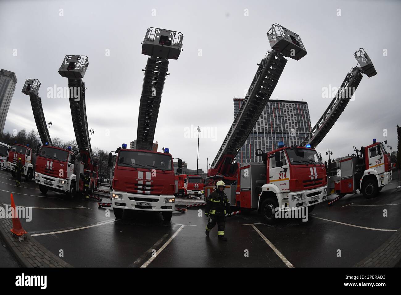 Moscow. Fire hoisting and rescue vehicles at an exhibition of special ...