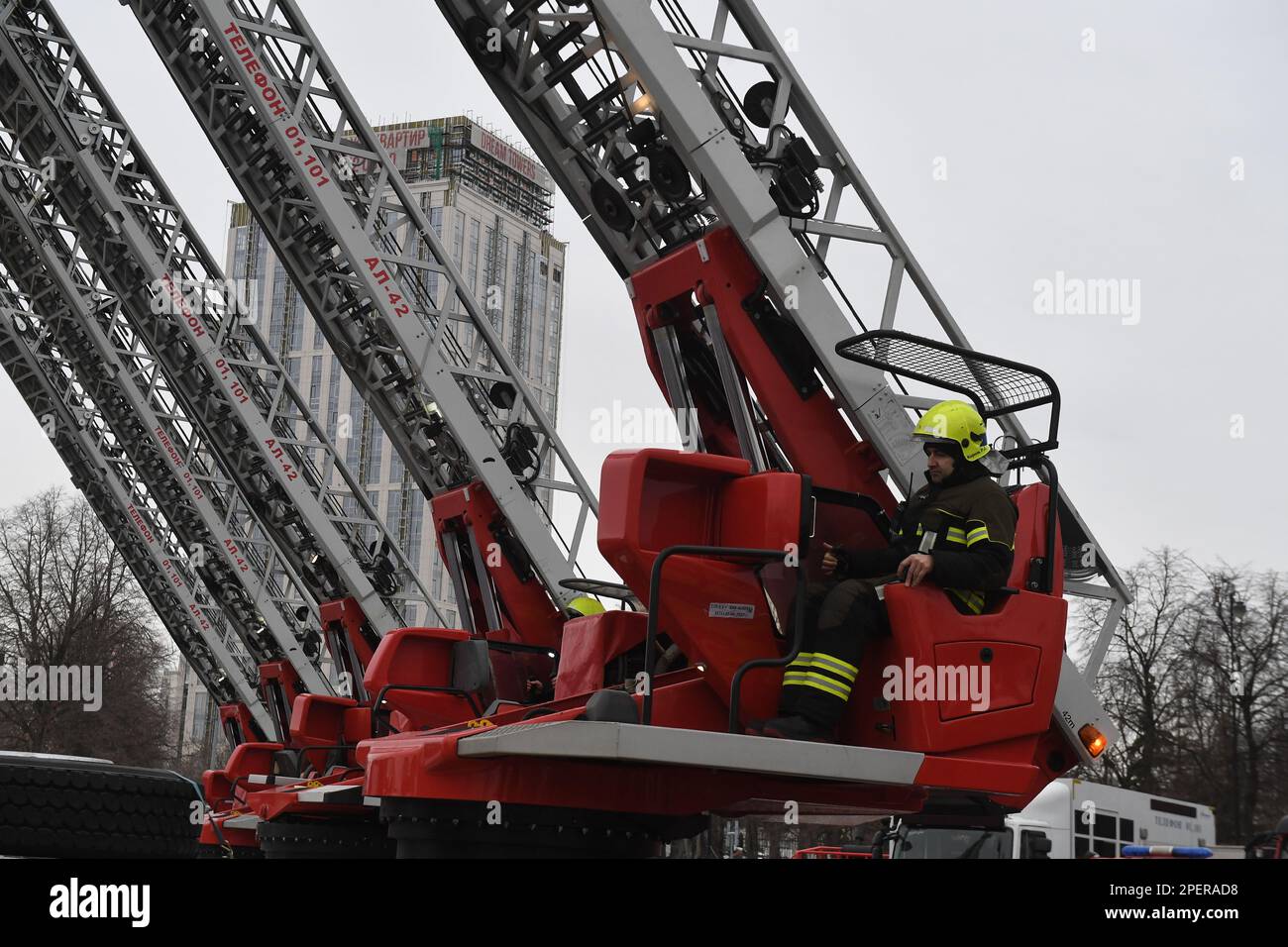 Moscow. Fire hoisting and rescue vehicles at an exhibition of special ...