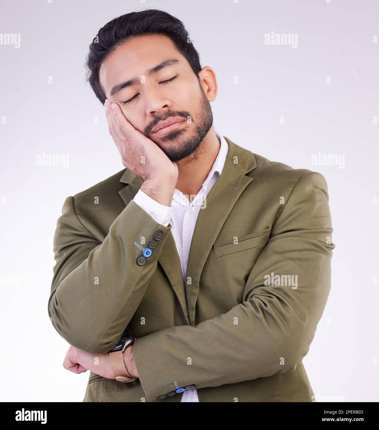 Tired, bored and Asian man sleeping for rest isolated on a white ...