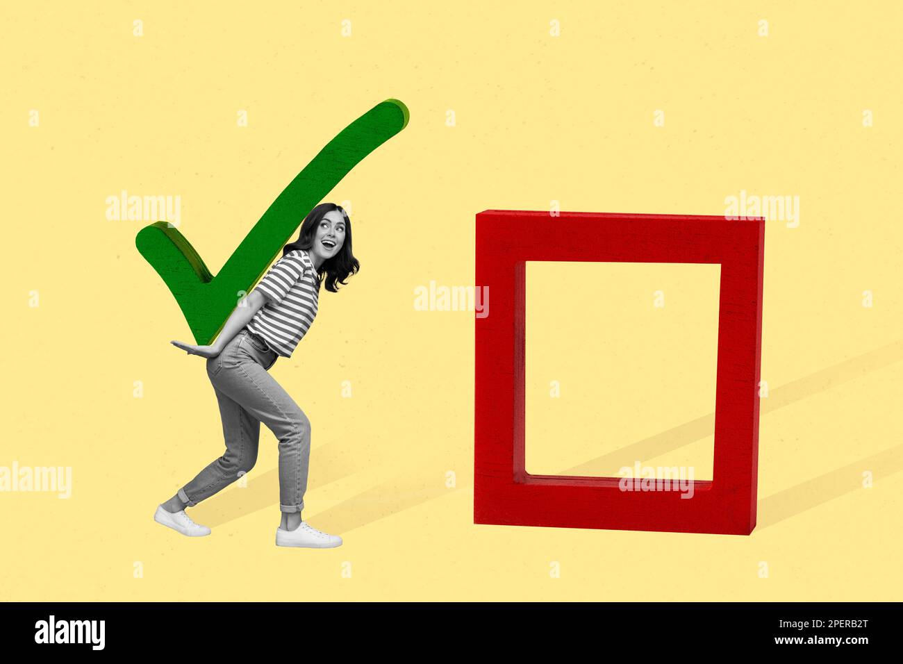 Creative advert template collage of funny happy young lady carry big ...