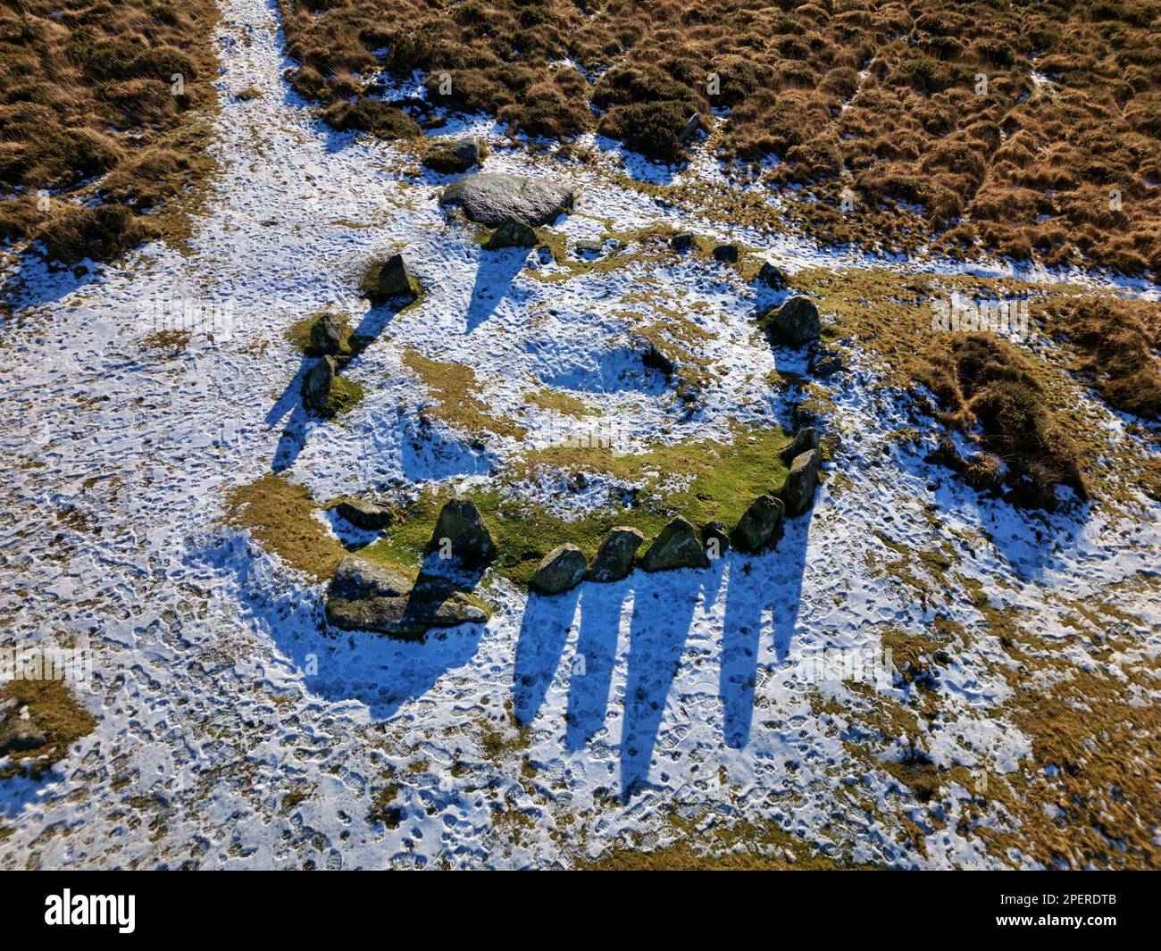 An aerial view of the Nine Maidens Stones Circle in Dartmoor National ...