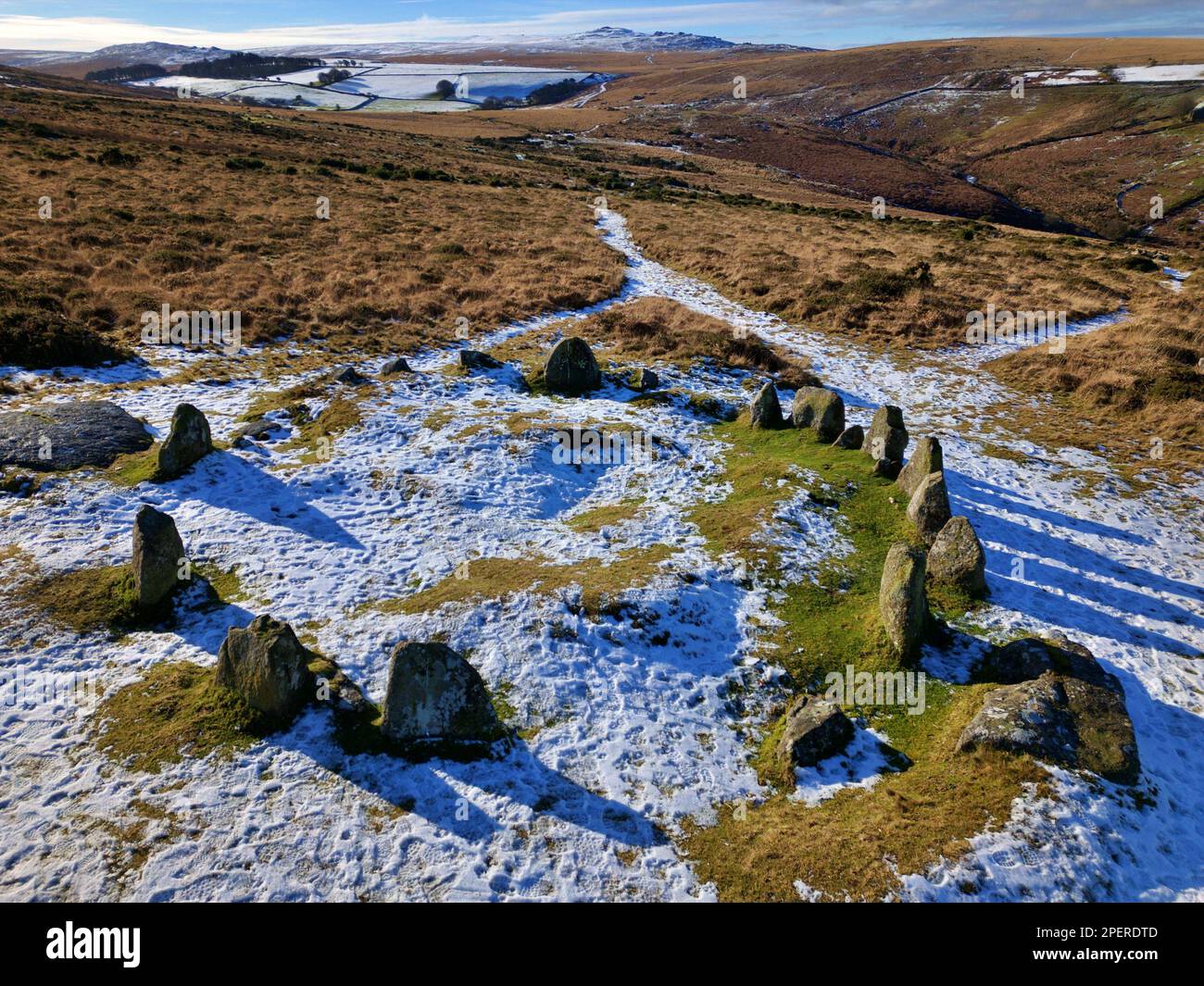 An aerial view of the Nine Maidens Stones Circle in Dartmoor National ...
