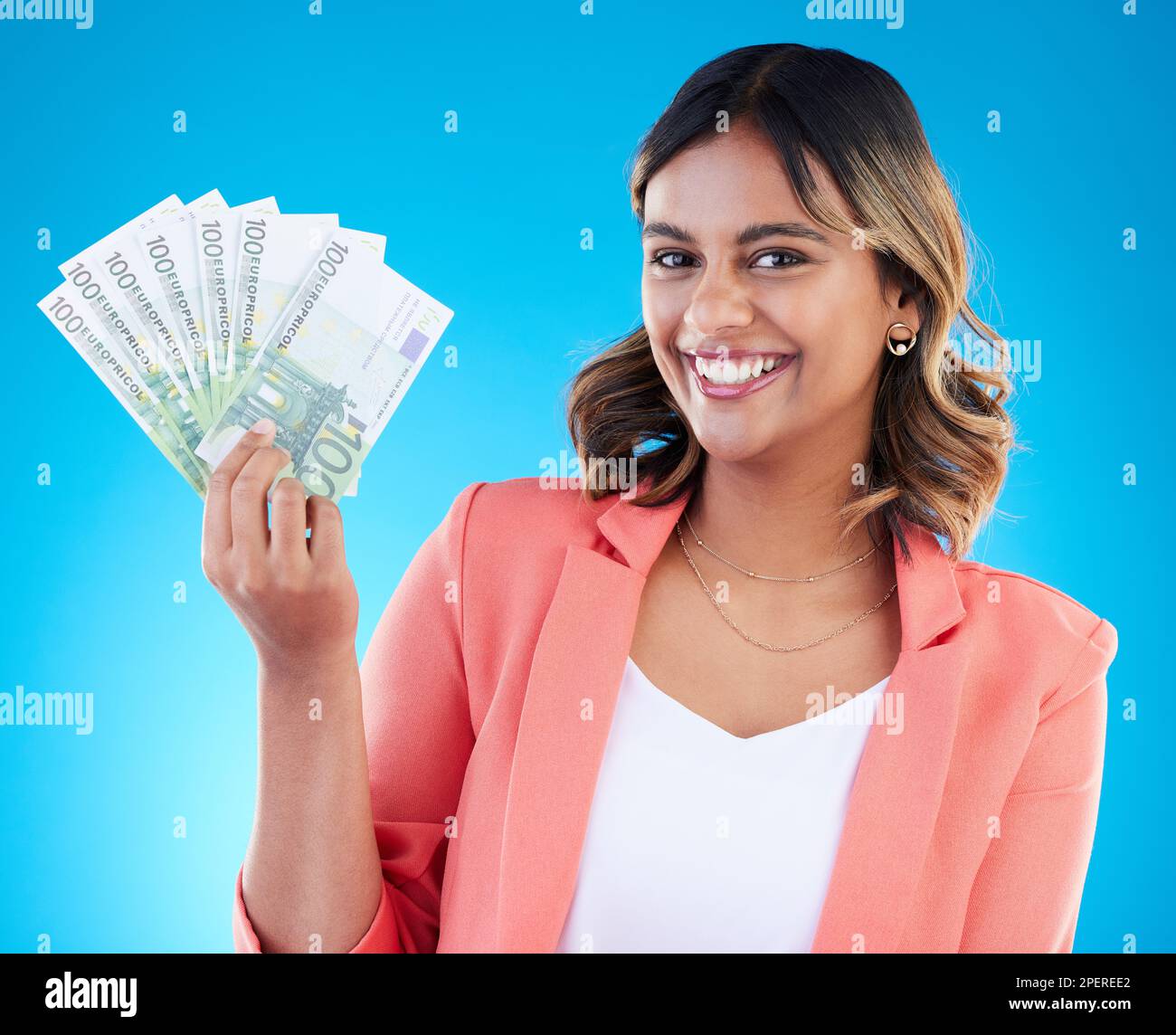 Portrait, smile and business woman with euros in studio isolated on a ...