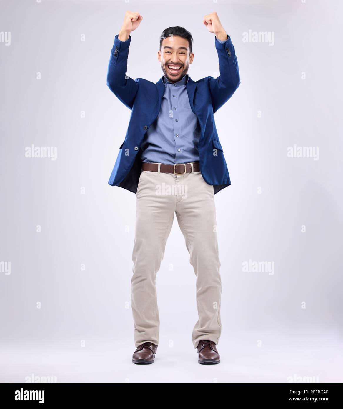 Winner, celebration and portrait of man with excited, cheering and ...