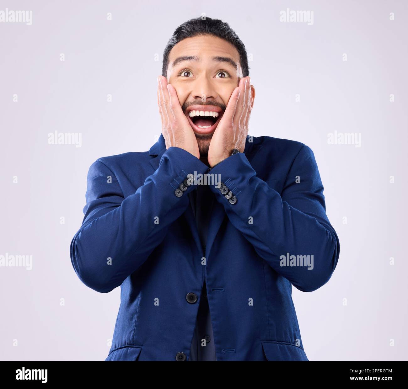 Surprise, excited and face of man with shock, happiness and omg ...