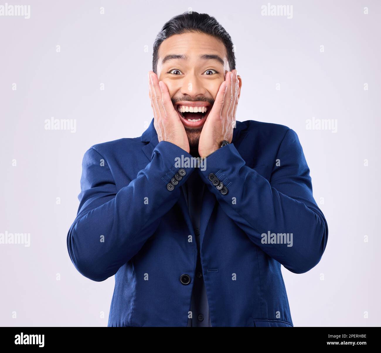 Surprise, excited and portrait of man in studio with omg, happiness and ...