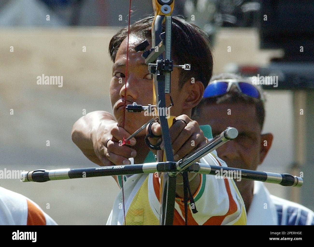 Tarundeep Rai of India, takes aim as he practices in Panathinaiko ...