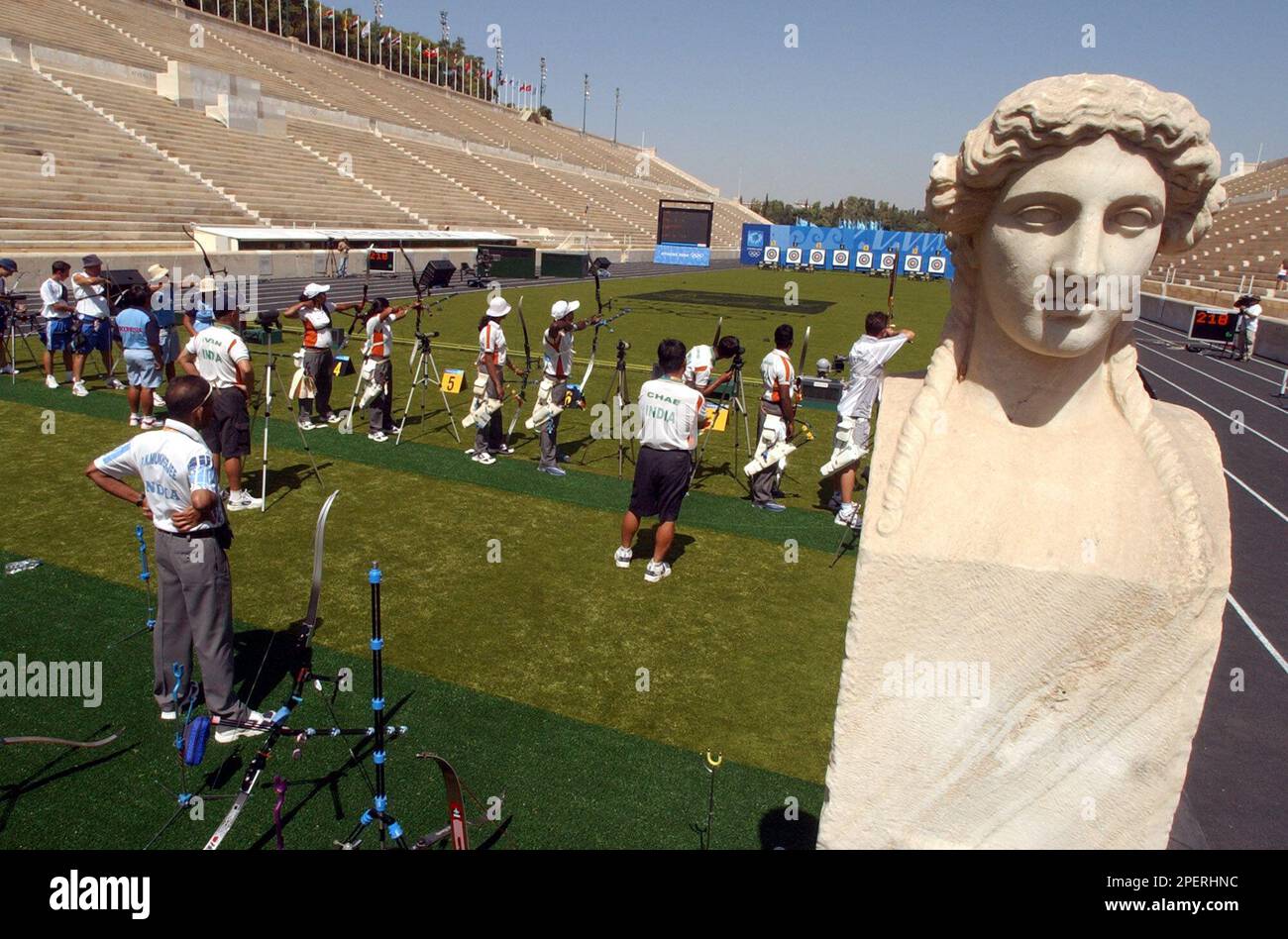 A reproduction of an ancient statue stands on the archery field as ...