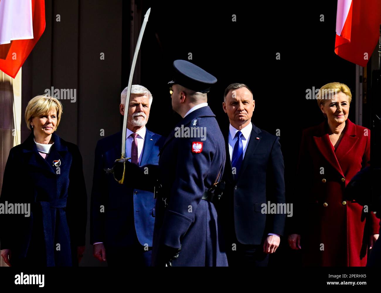 Warsaw, Poland. 16th Mar, 2023. Polish President Andrzej Duda (centre ...