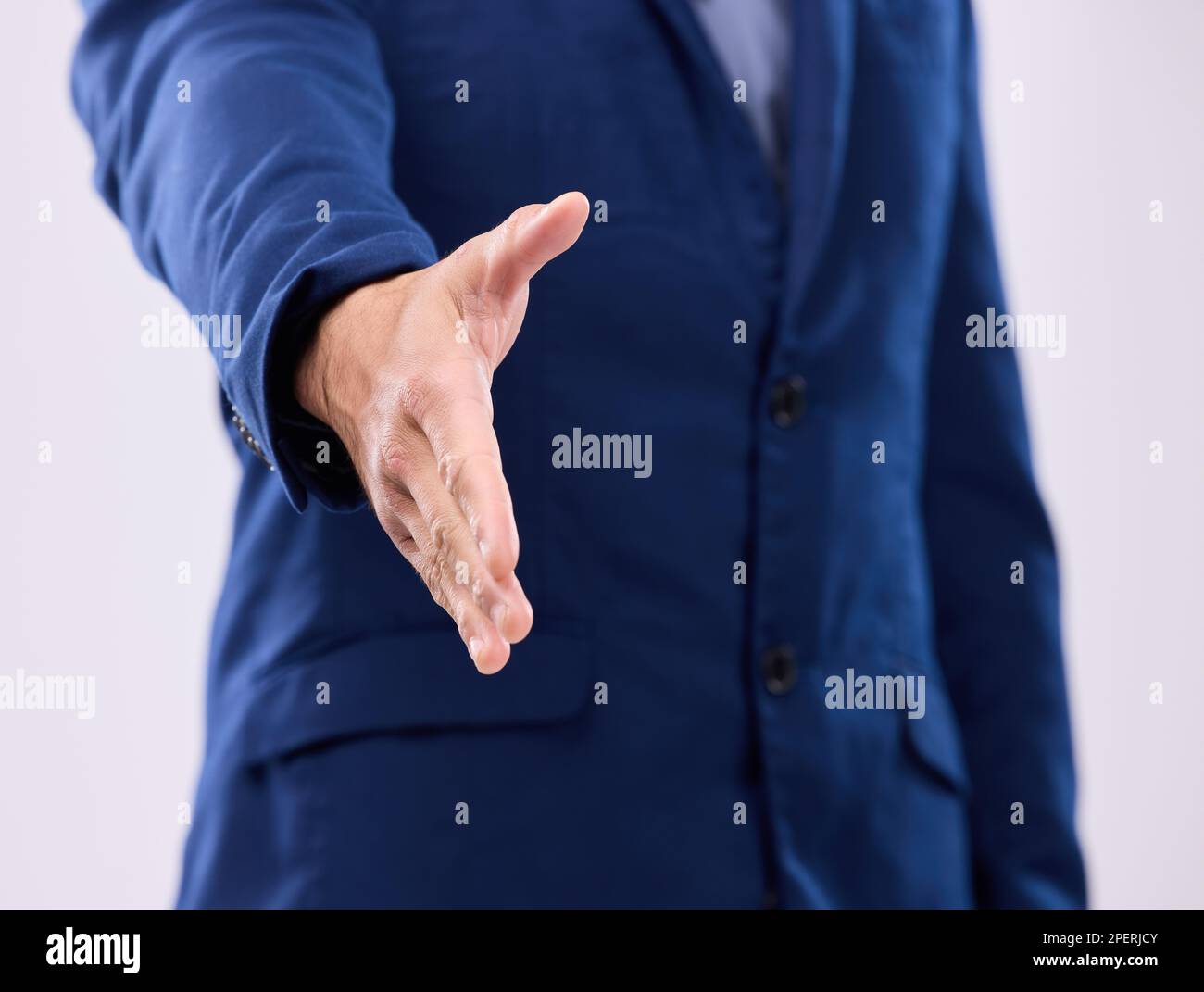 Open hand shake, studio and business man with welcome, deal or ...