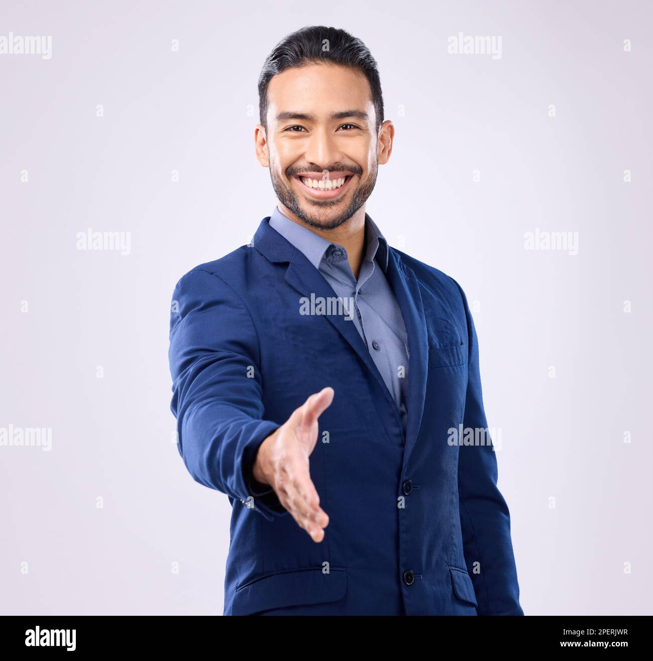 Business man, handshake and studio portrait for welcome, smile or ...