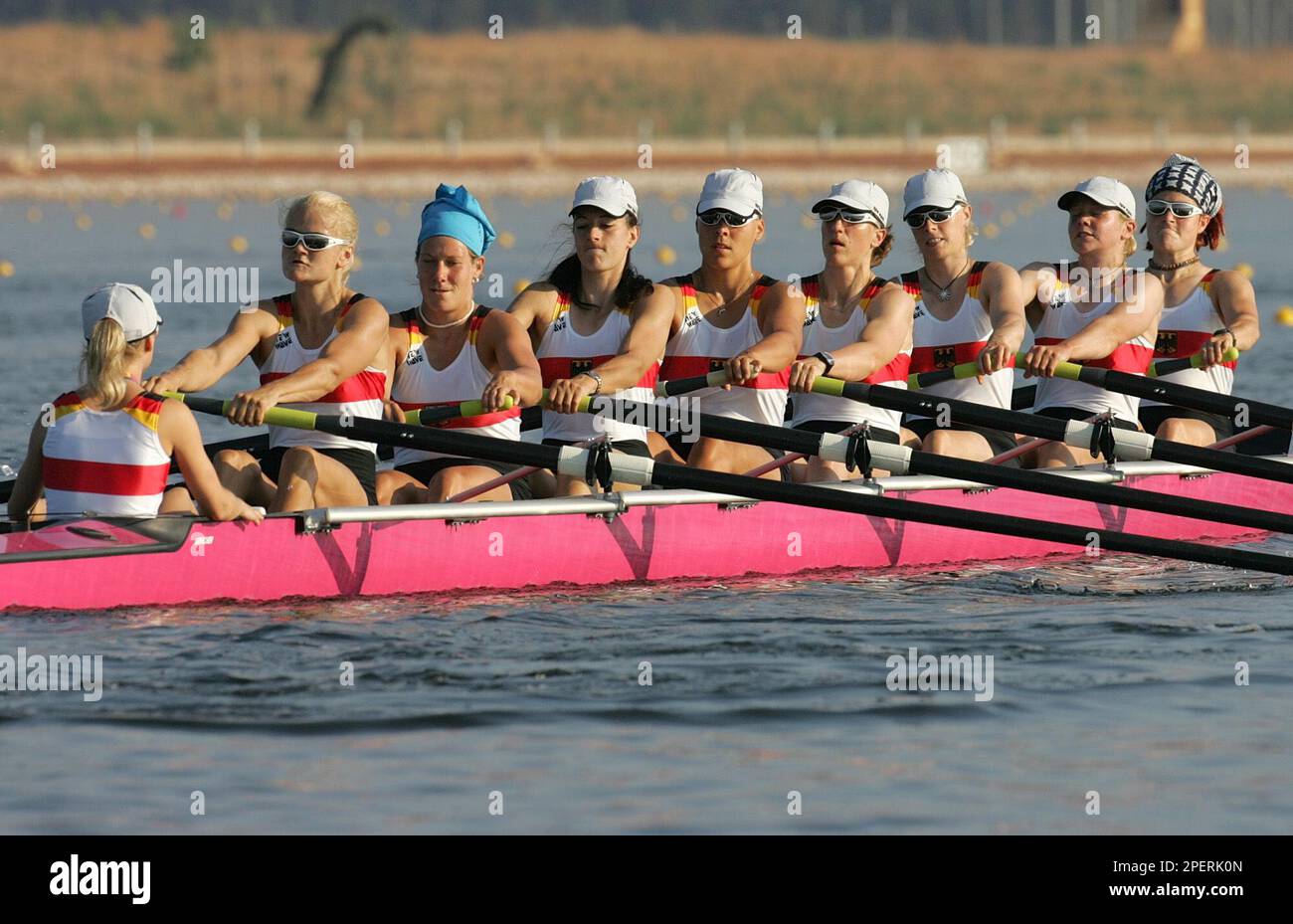 The German Women's Eight boat trains at the Schinias Rowing & Canoeing ...