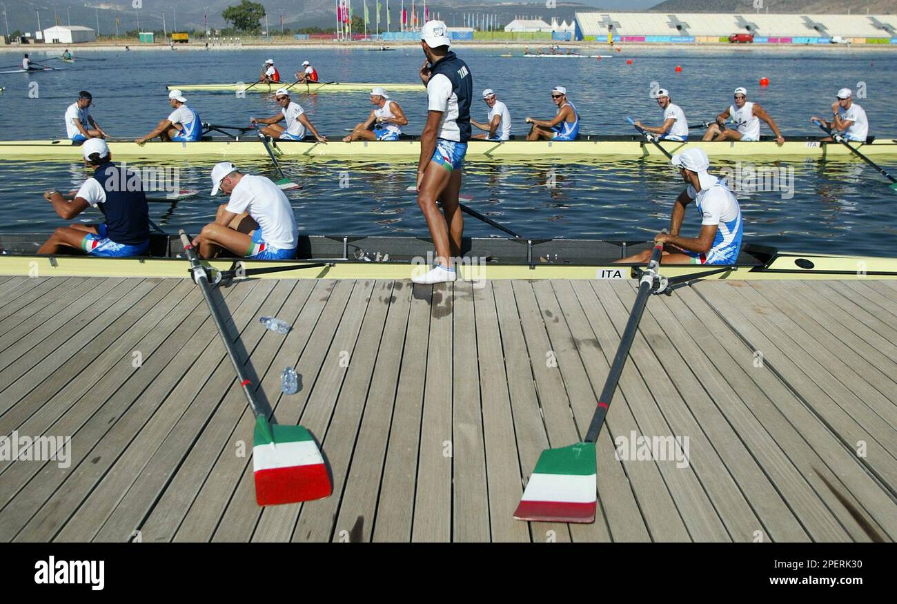 Italian rowers prepare to train at the Schinias Rowing & Canoeing ...