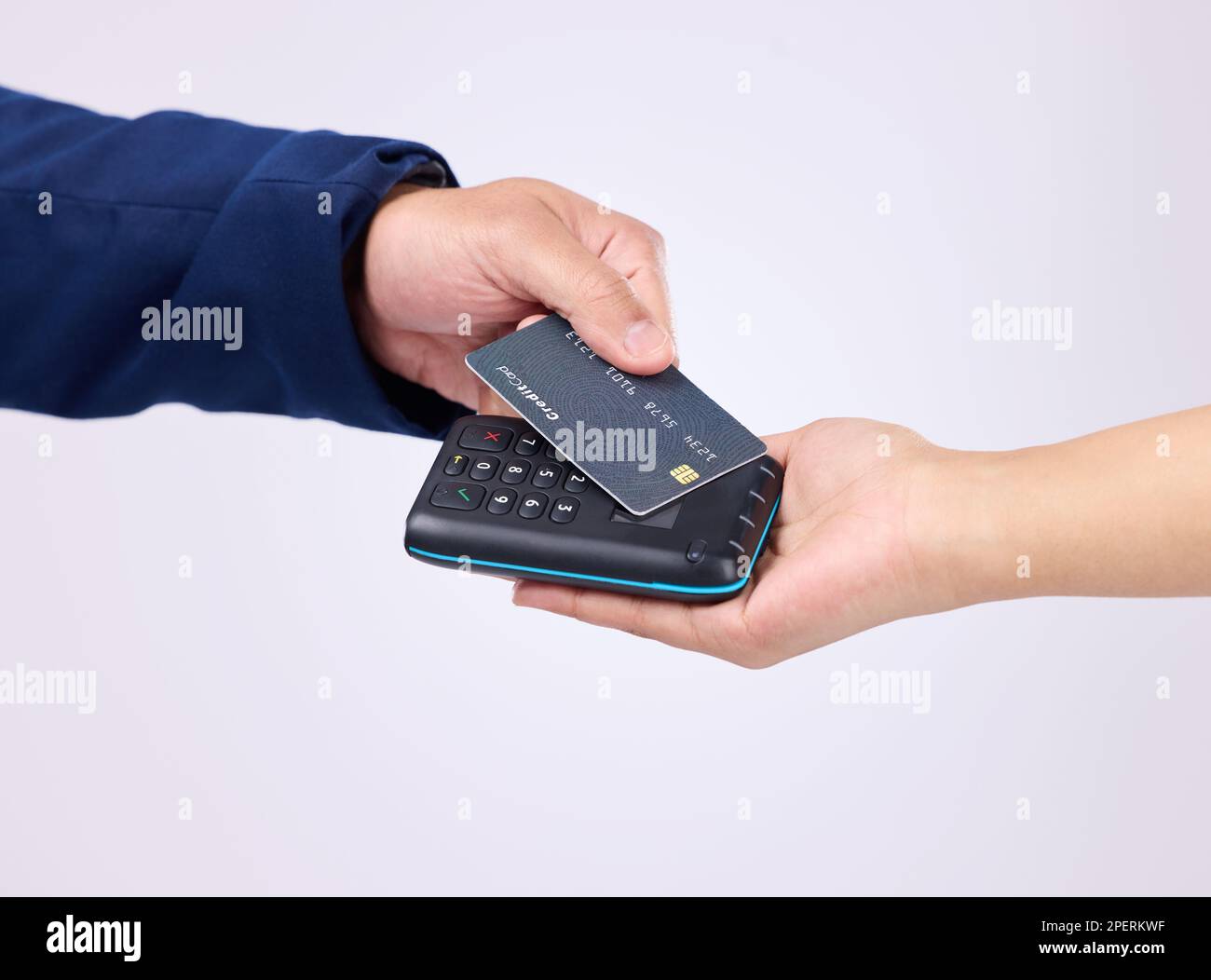 Credit card, machine and people hands isolated on a white background of ...